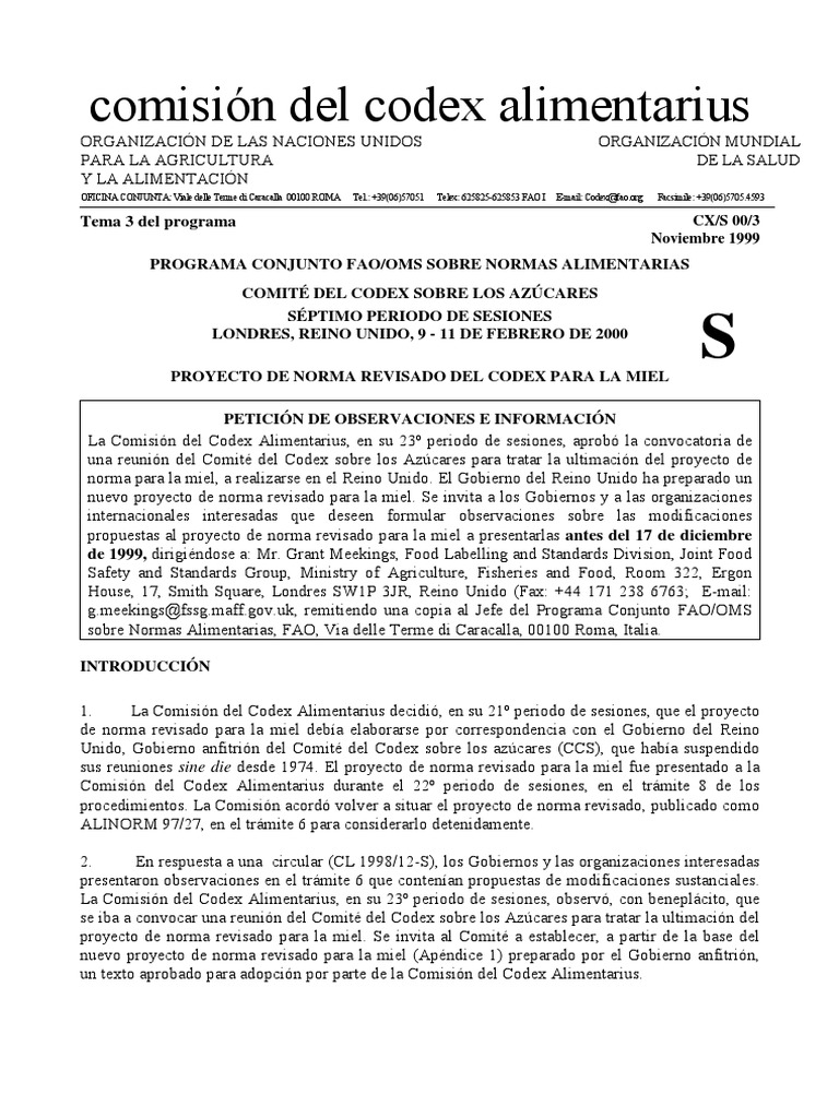 Comité Del Codex Sobre Los Azúcares - PROYECTO DE NORMA REVISADO DEL CODEX PARA LA MIEL | PDF ...