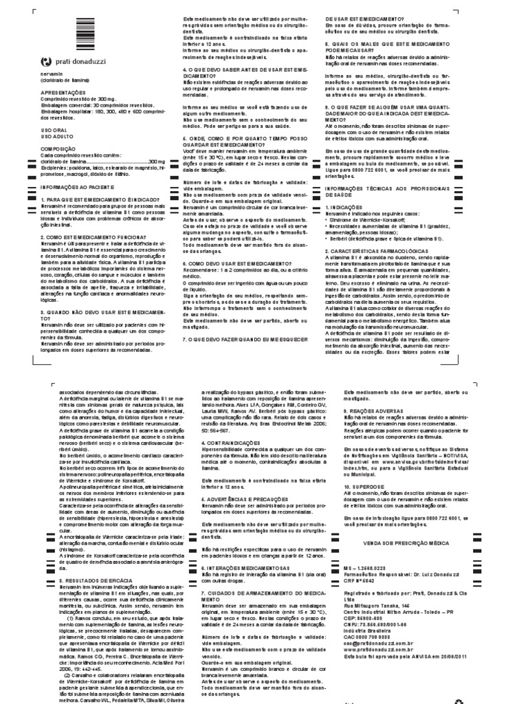 Nervamin Cloridrato de Tiamina 300mg C 600 Comprimido Revestido | PDF ...