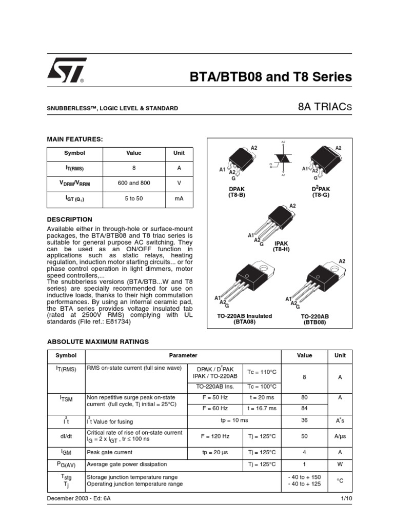 BTA/BTB08 and T8 Series | PDF | Electrical Engineering | Electricity