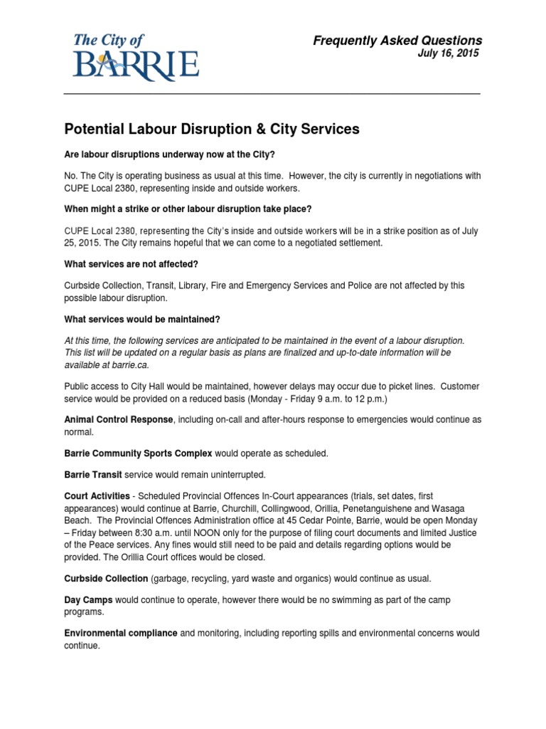 Potential Labour Disruption & City Services: Frequently Asked Questions ...