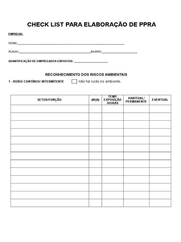 Checklist Para Elaboração de PPRA Modelo 1 | Fatores Humanos e ...