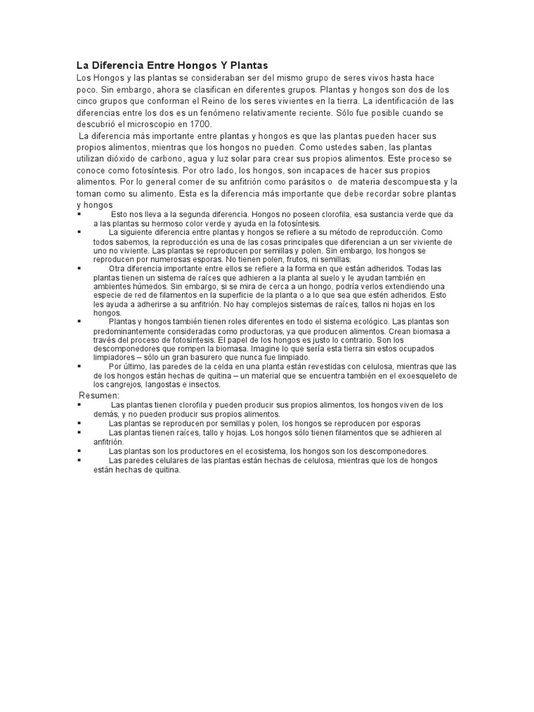 La Diferencia Entre Hongos Y Plantas | PDF | Plantas | Hongo