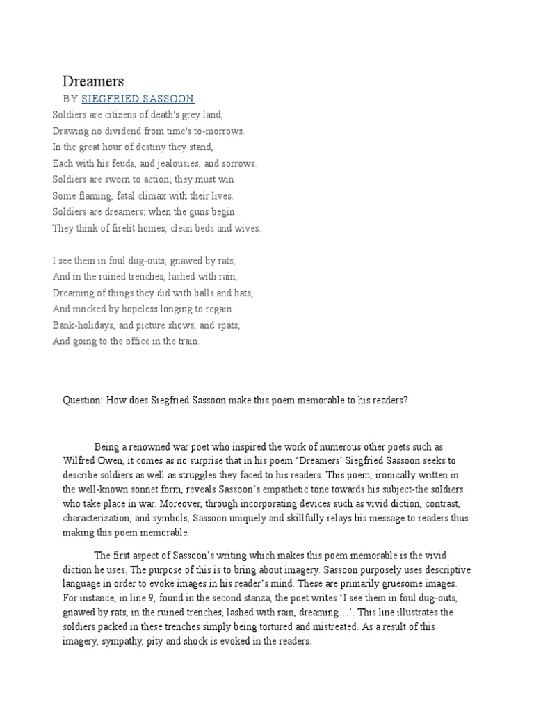 Essay On 'Dreamers' by Siegfried Sassoon | PDF | Poetry