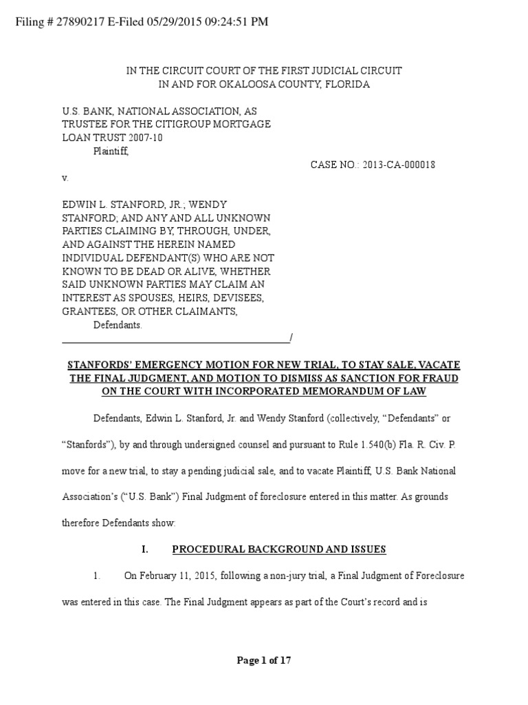 Emergency Motion to Vacate Foreclosure Judgment | PDF | Foreclosure | Trust Law