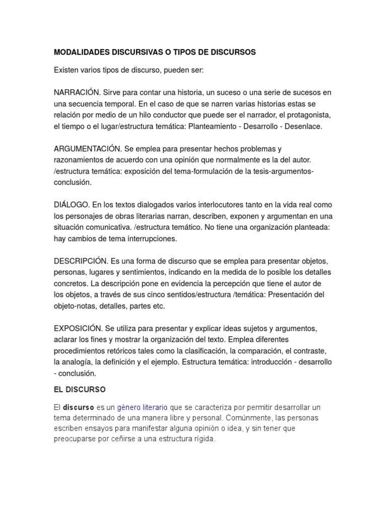 Modalidades Discursivas o Tipos de Discursos | Filología | Artes del ...