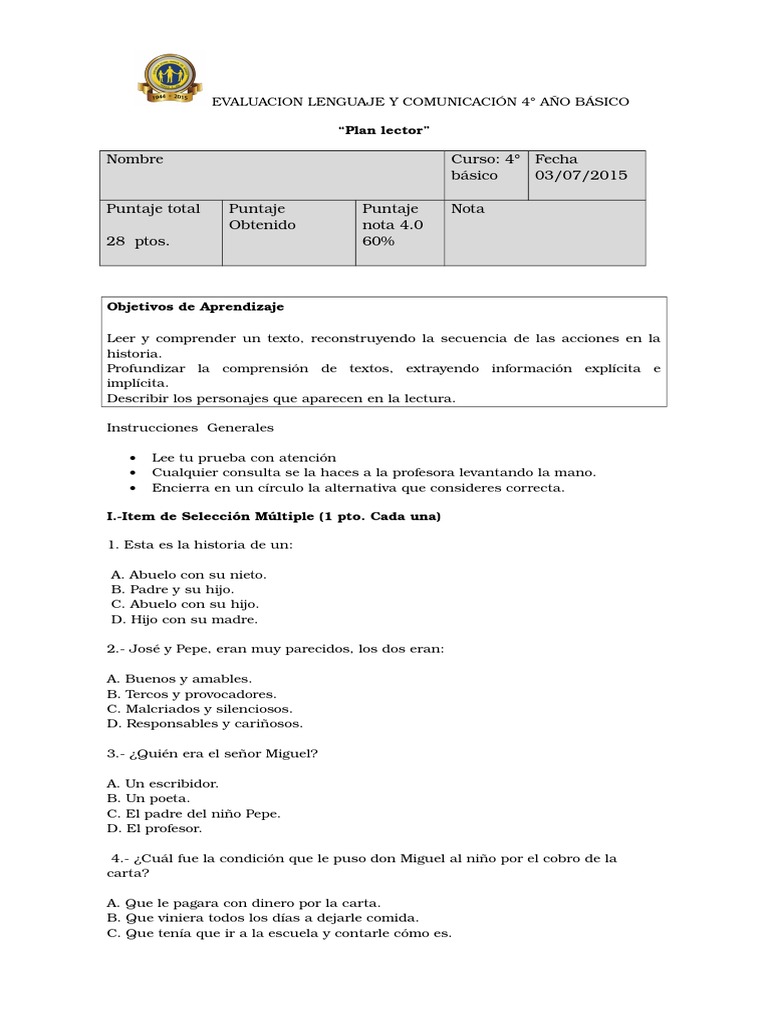 Prueba de "De carta en carta" 4° básico | PDF | Lectura (proceso)
