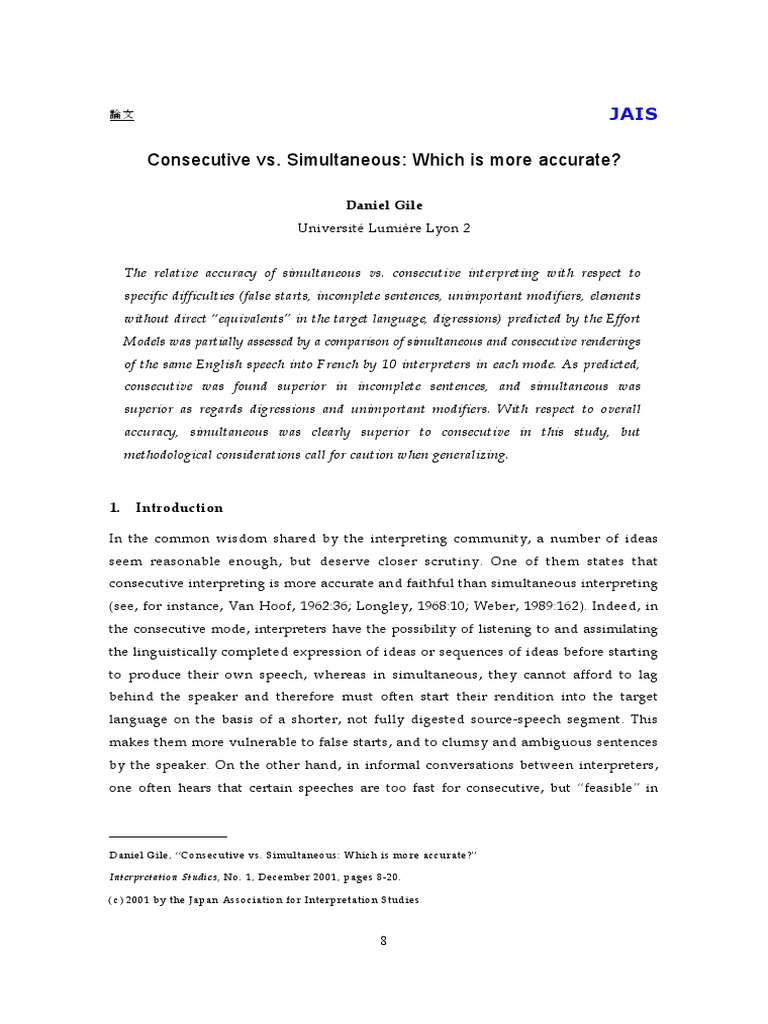 Consecutive vs. Simultaneous: Which Is More Accurate? | PDF | Language ... Consecutive vs. Simultaneous: Which Is More Accurate? | PDF | Language ...