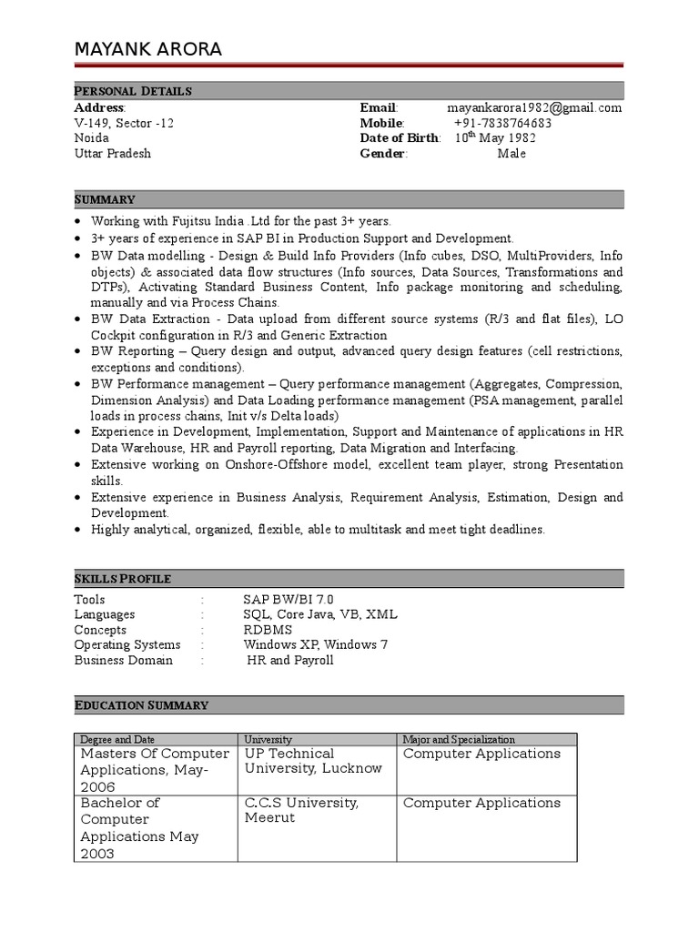 Mayank Arora SAP BW BI Resume | PDF | Areas Of Computer Science | Computer Engineering