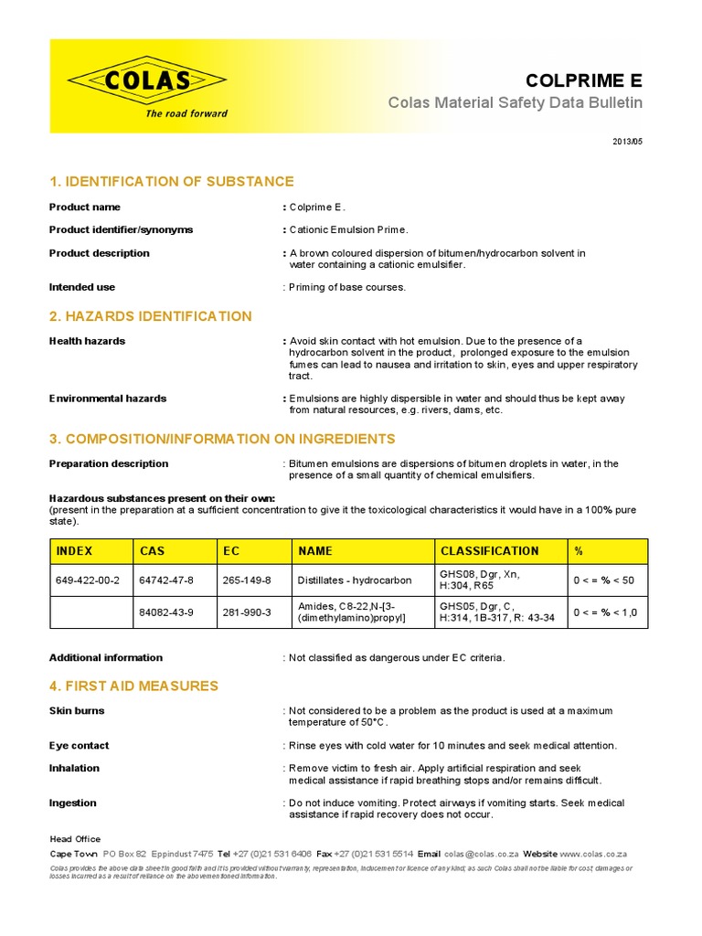 COLAS Colprimee Info Sheet | PDF | Toxicity | Personal Protective Equipment