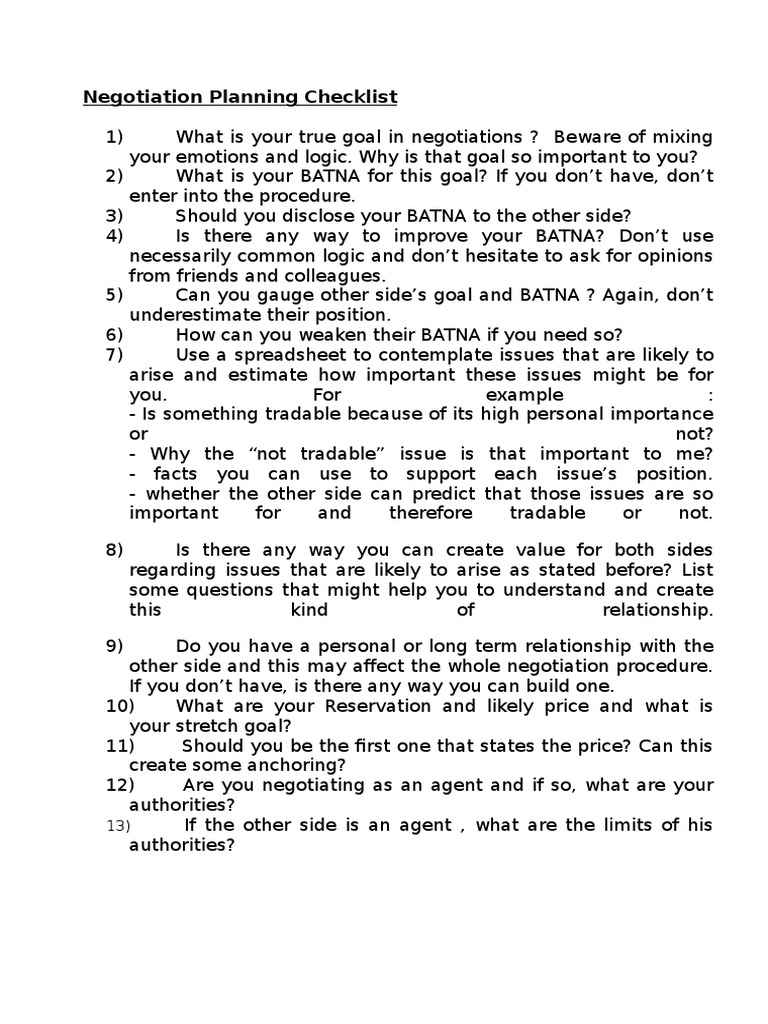 Essential Negotiation Planning Checklist | PDF