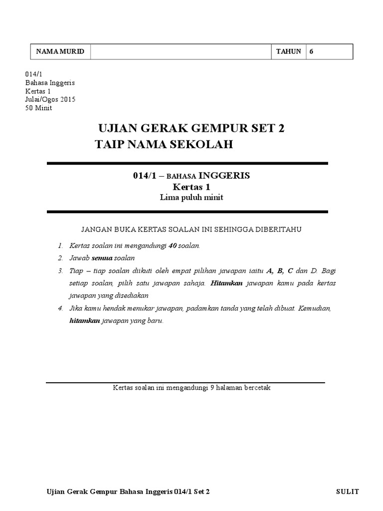 Ujian Gerak Gempur Kertas 014-1 Set 2 | PDF | Intensive Care Unit | Health Care