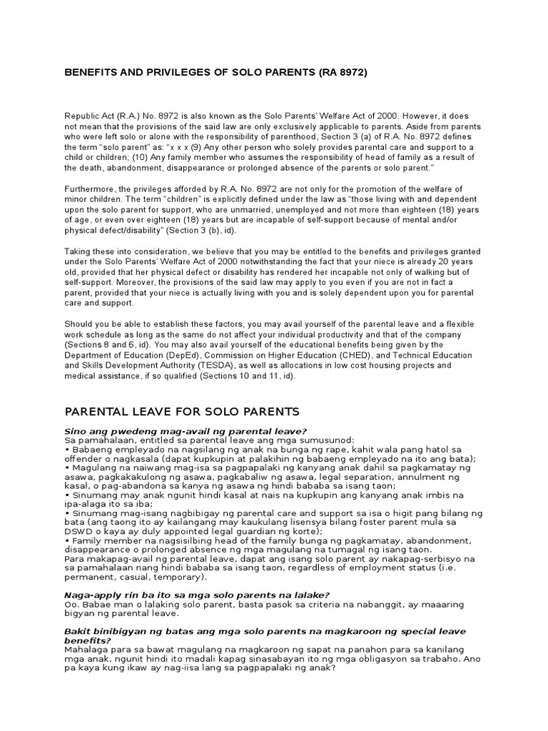 Solo Parent Benefits in the Philippines | PDF | Welfare | Parental Leave