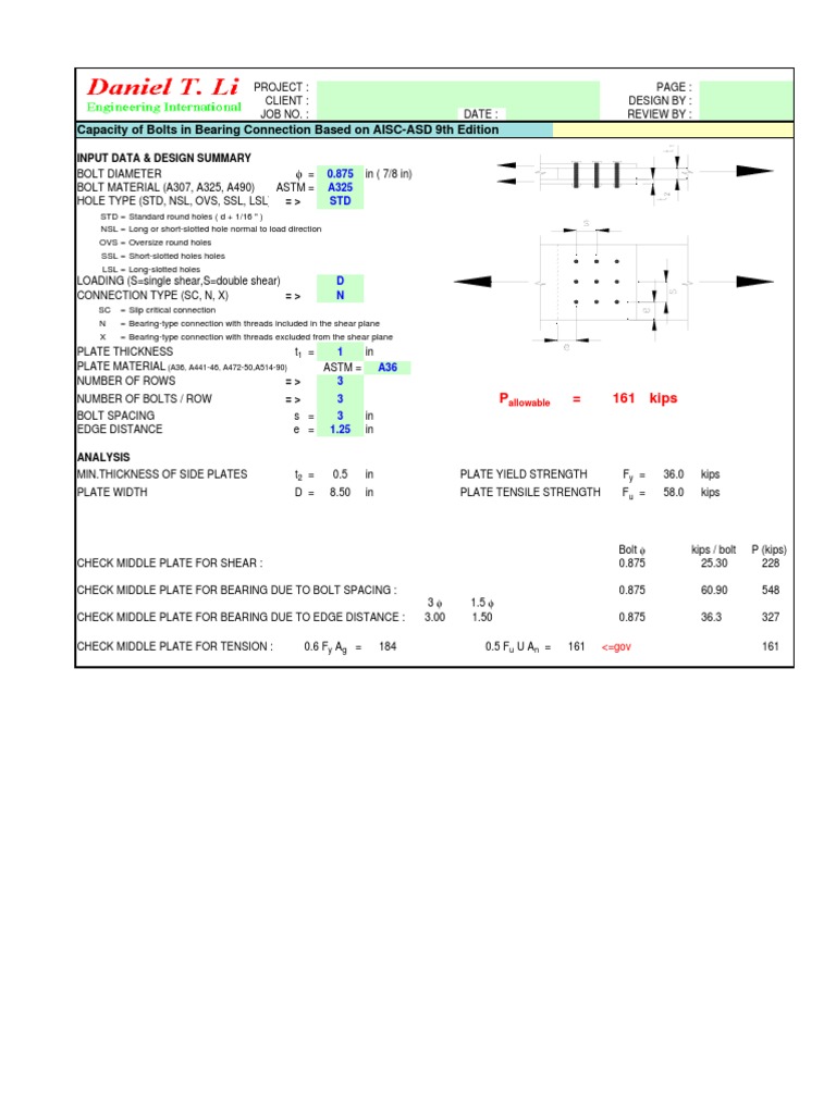Capacity of Bolts in Bearing Connection Based On AISC-ASD 9th Edition | PDF