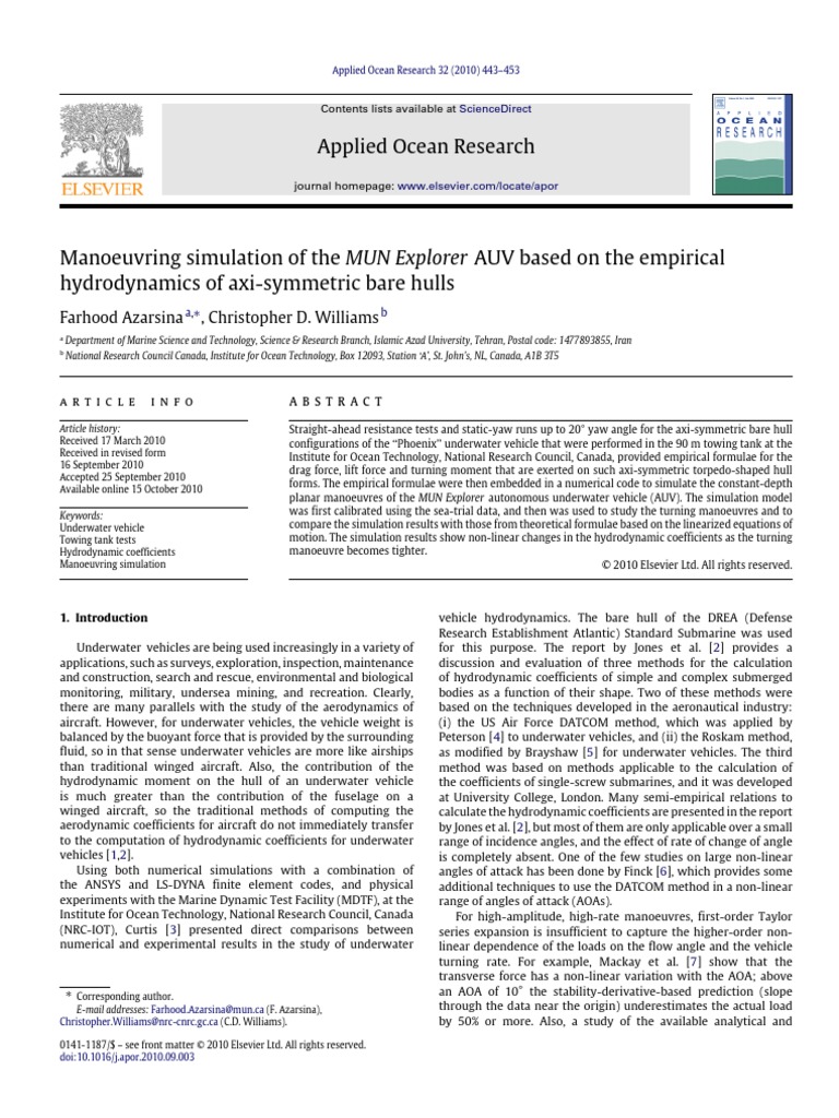 Manoeuvring Simulation of The MUN Explorer AUV Based On The Empirical ...
