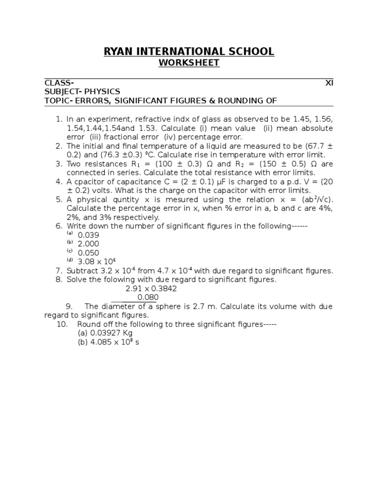 Worksheet - Errors, Significant Figures & Rounding Off | PDF ...