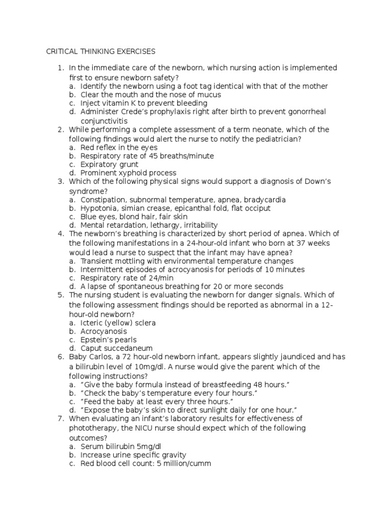 Critical Thinking Exercises | PDF | Infants | Neonatal Intensive Care Unit