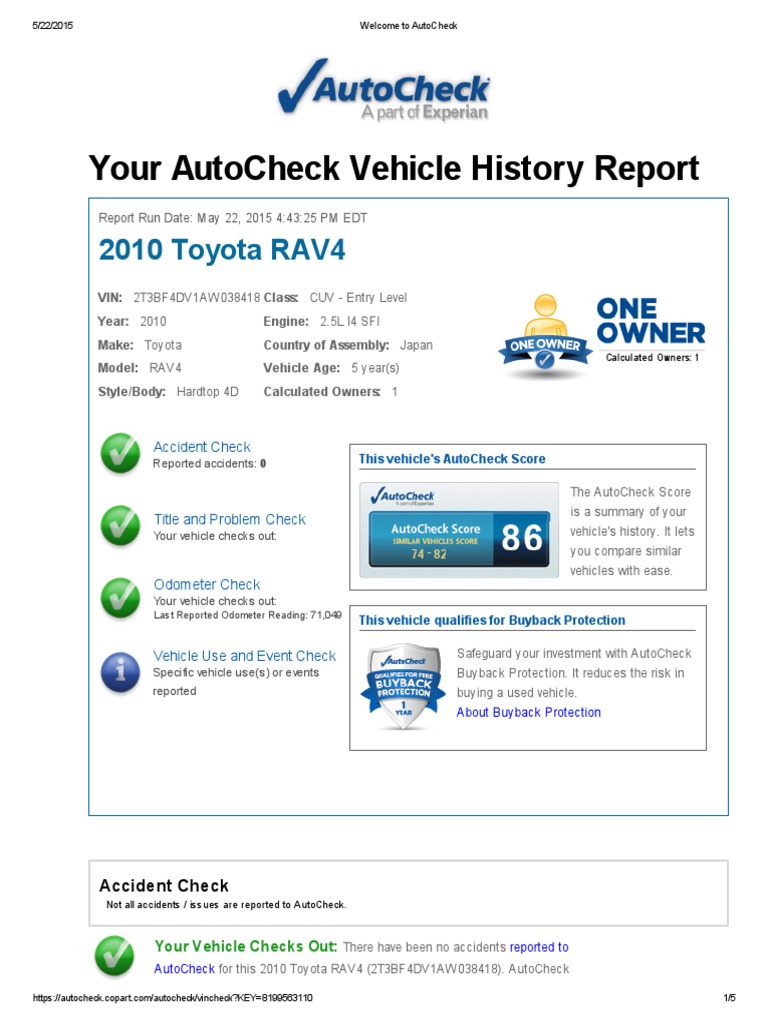 Your Autocheck Vehicle History Report: 2010 Toyota Rav4 | PDF | Land ...