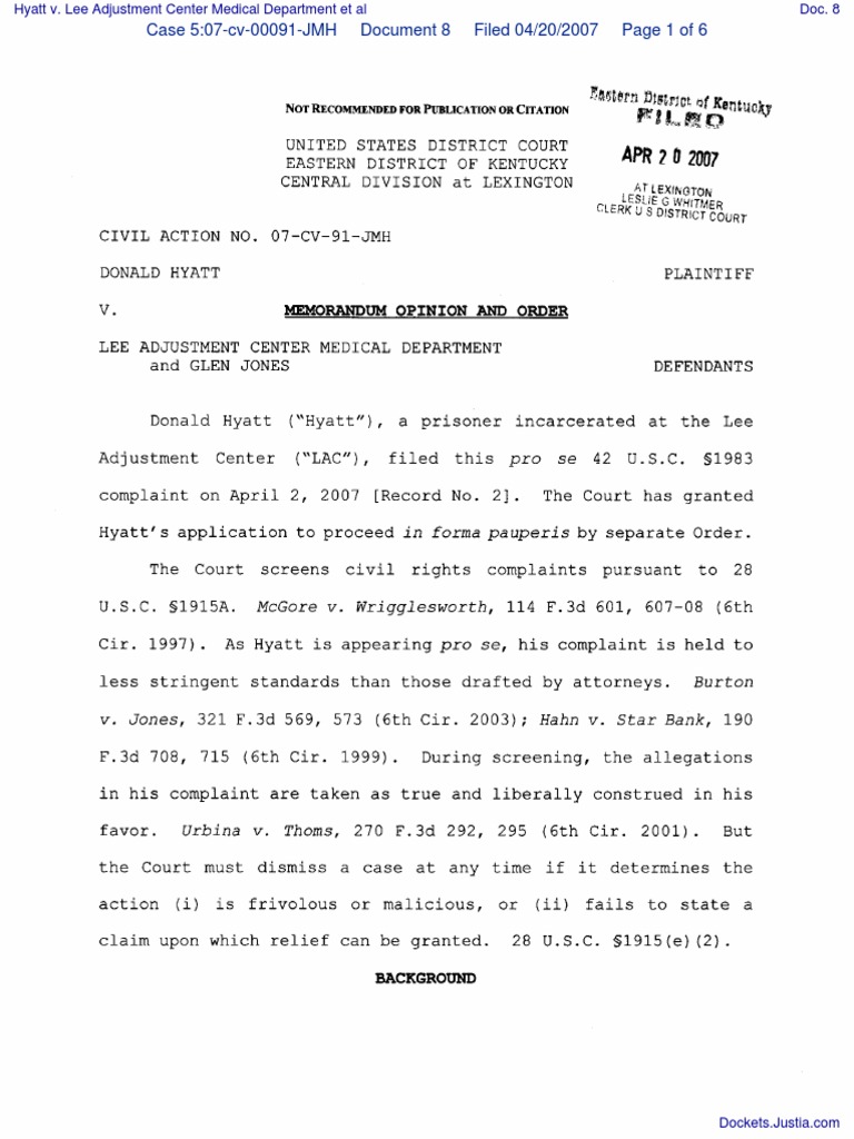 Hyatt v. Lee Adjustment Center Medical Department Et Al - Document No ...