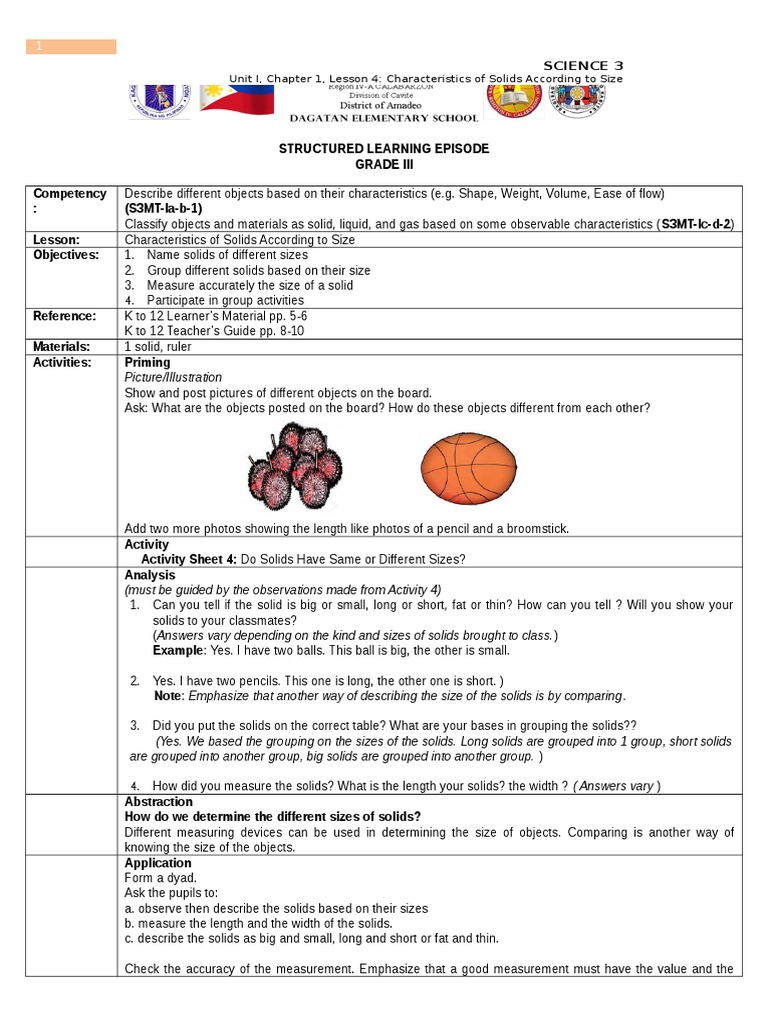 SLE Lesson 4 - Characteristics of Solids According To Size | PDF ...