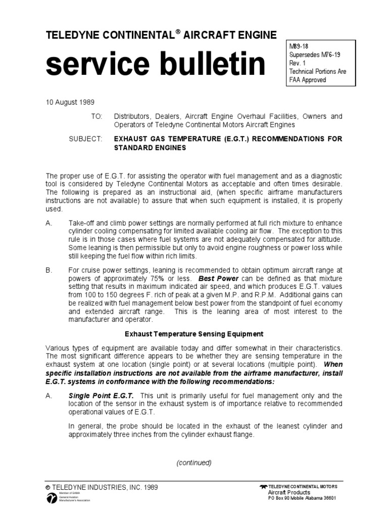 Continental Service Bulletin Leaning Procedures TCM LEANING M89 18 ...
