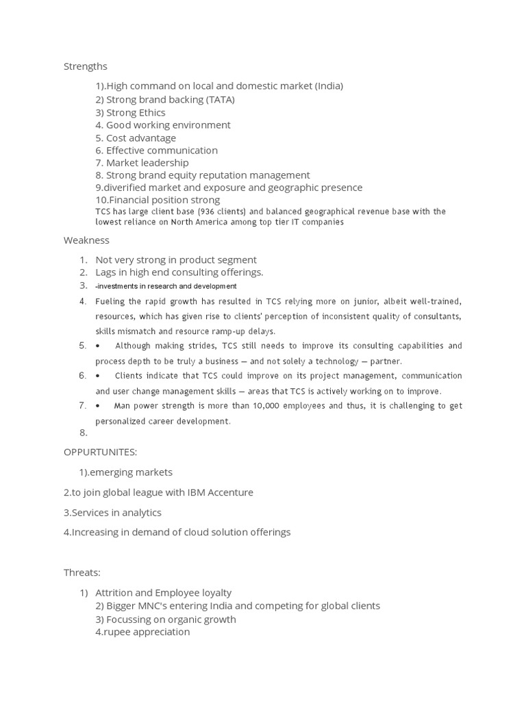 Tcs Swot Analysis | PDF | Career & Growth | Business