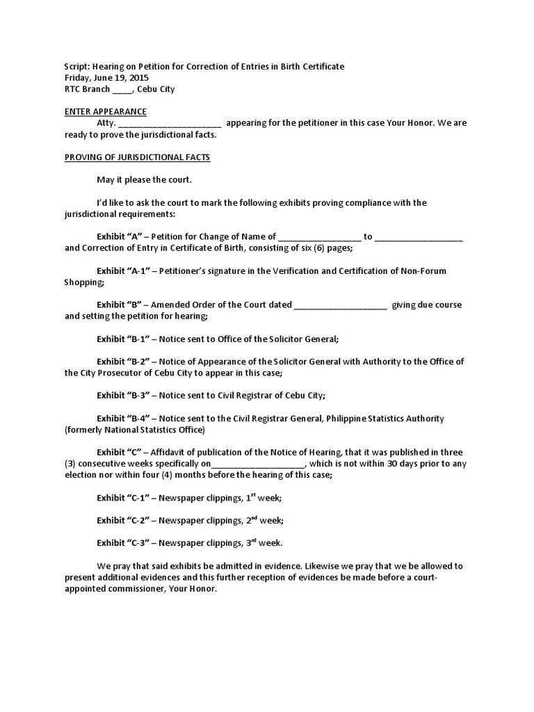 Hearing Script for Birth Certificate Correction | PDF | Law