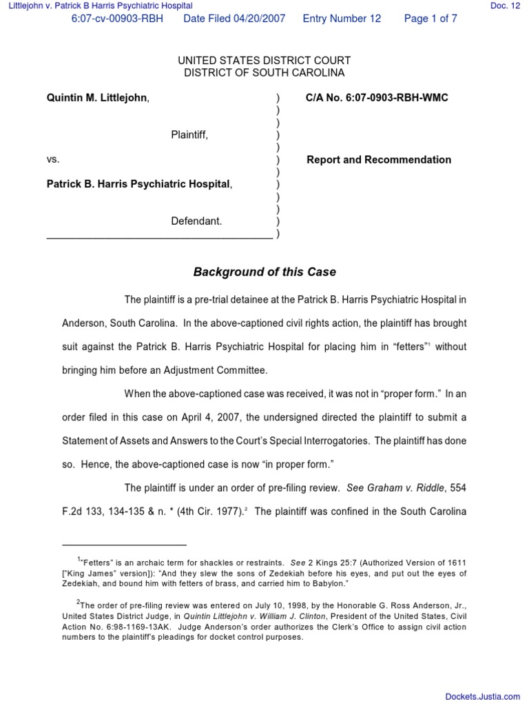 Littlejohn v. Patrick B Harris Psychiatric Hospital - Document No. 12 ...