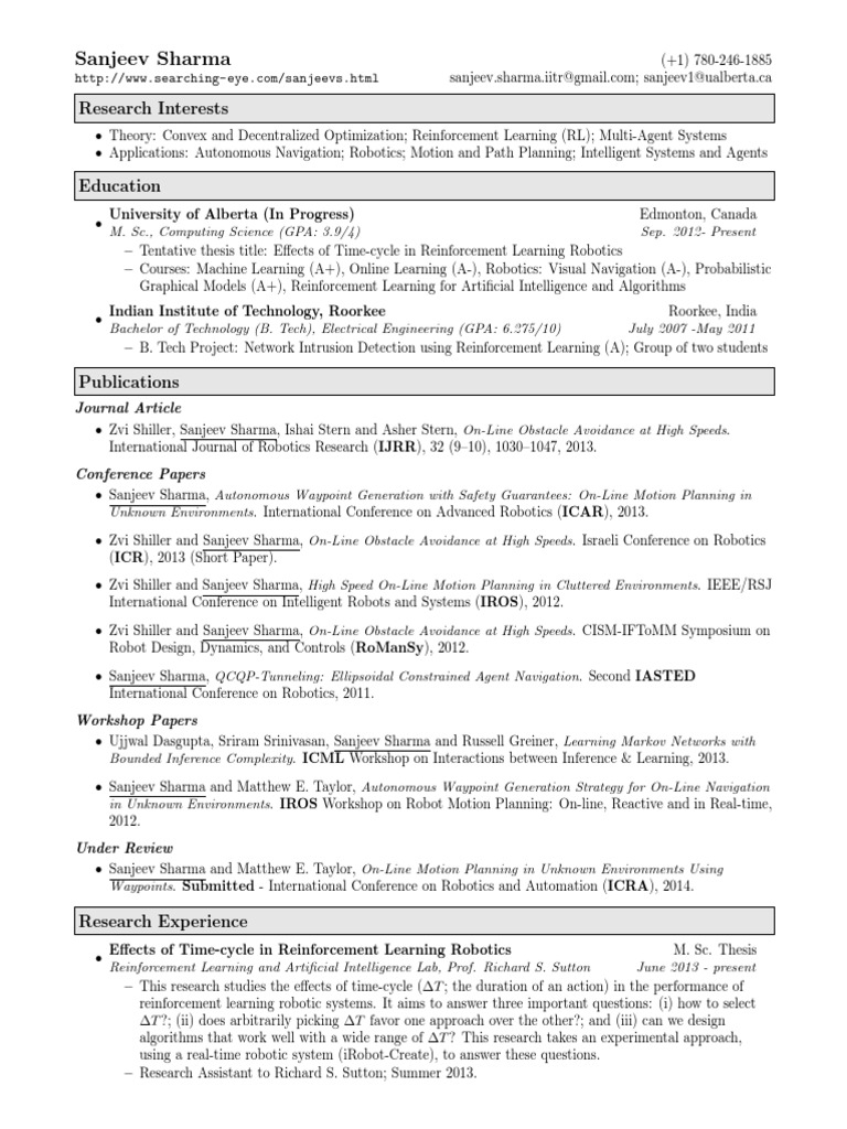 Sanjeev Sharma Cv Pdf Robotics Artificial Intelligence