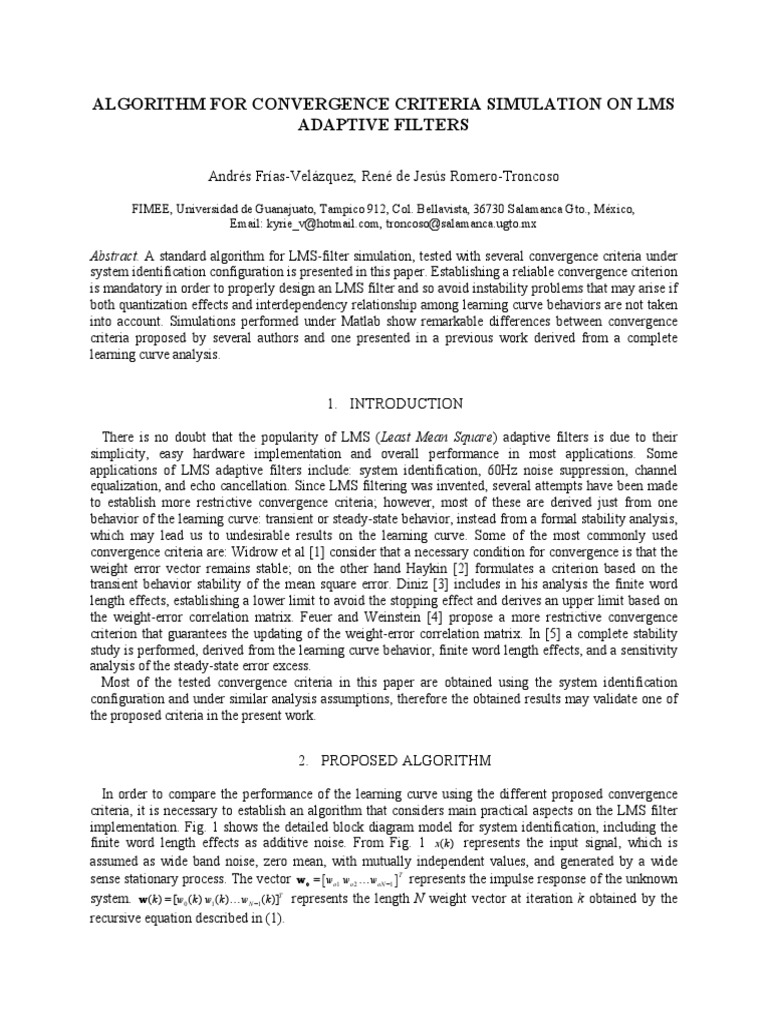 Algorithm For Convergence Criteria Simulation On Lms Adaptive Filters ...