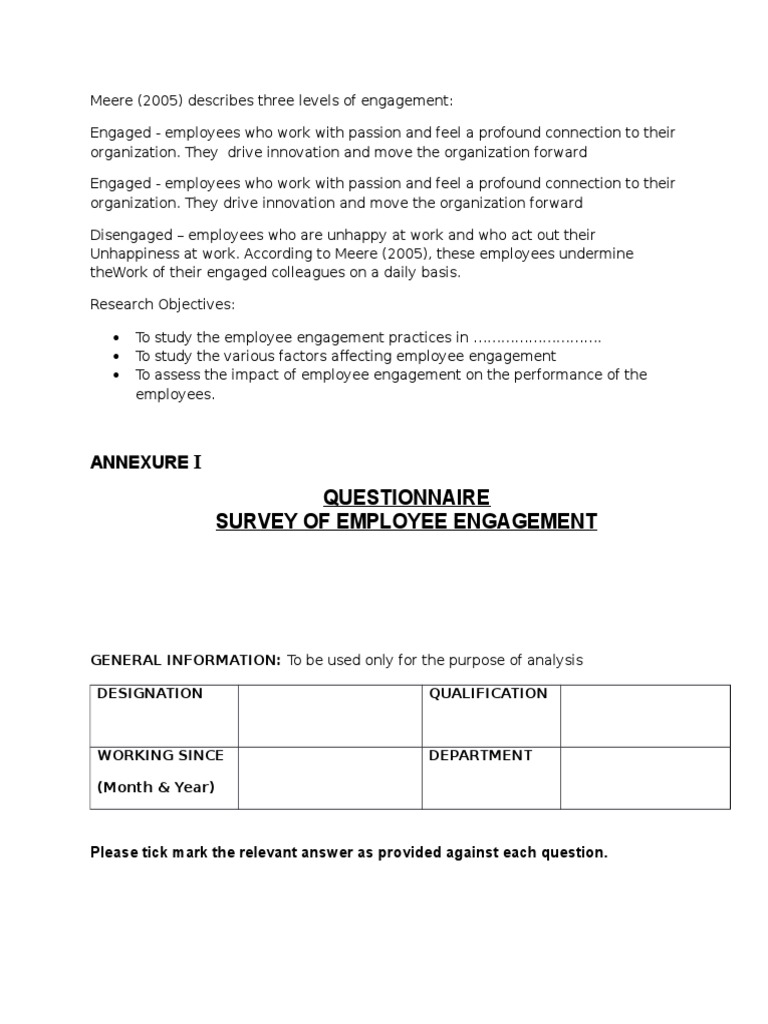 Employee Engagement Survey Questionnaire | PDF | Career & Growth | Self ...