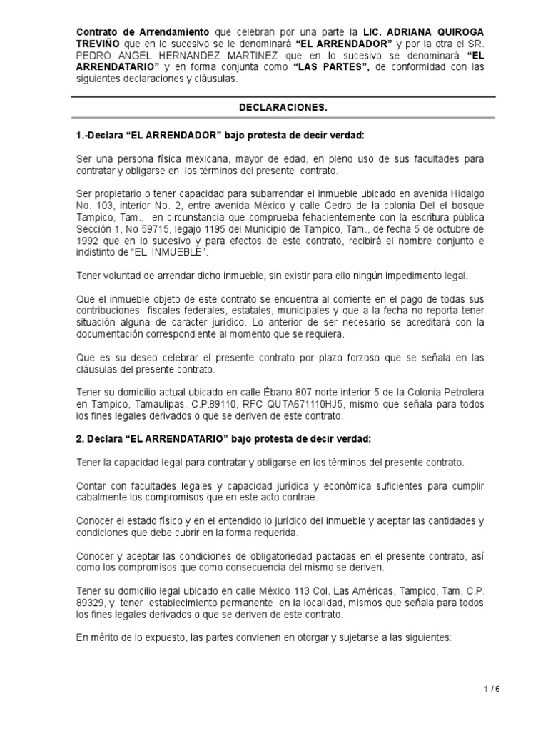 Machote Contrato de Arrendamiento. | Alquiler | Pagos