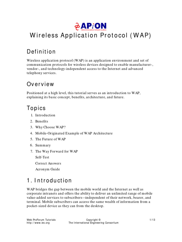Wireless Application Protocol (Wap) : Web Proforum Tutorials The International Engineering ...
