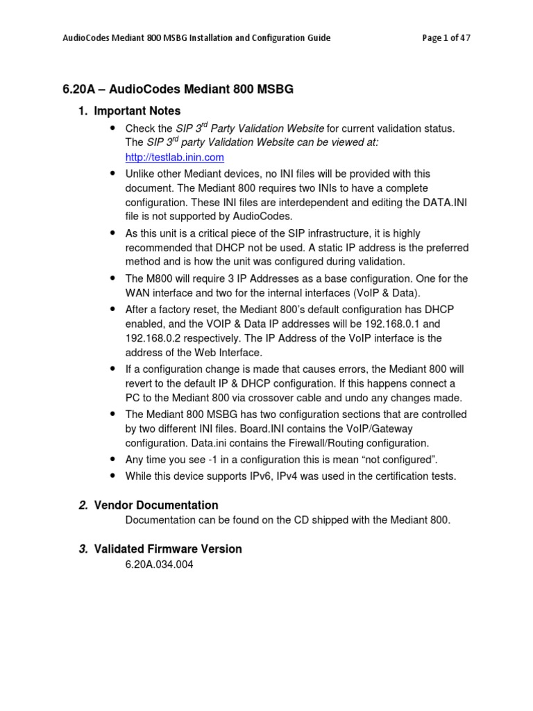 Audiocodes Mediant 800 MSBG | PDF | Session Initiation Protocol | Proxy ...