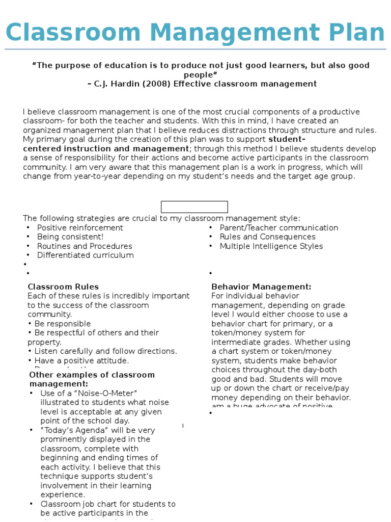 Classroom Management Plan | Download Free PDF | Classroom Management ...
