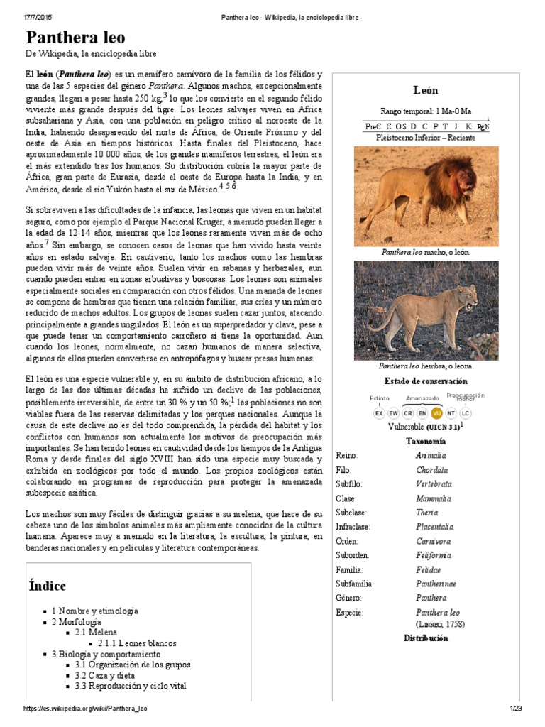 Panthera Leo - Wikipedia, La Enciclopedia Libre | PDF | León | Panthera