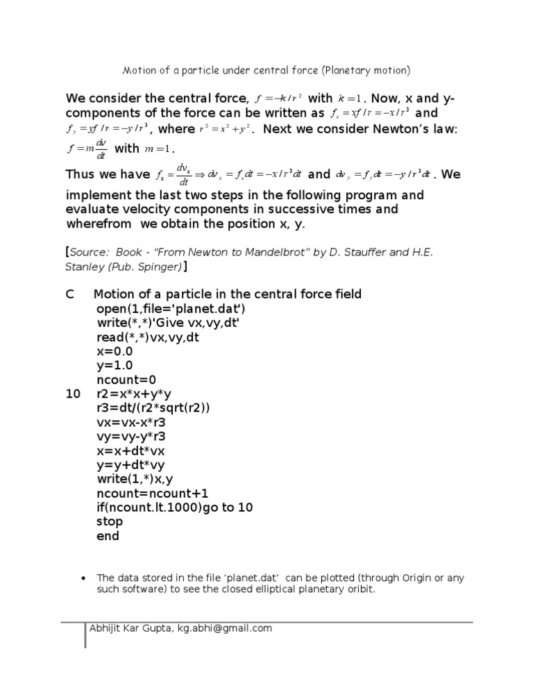 Fortran Program: Motion of A Particle Under Central Force (Planetary ...
