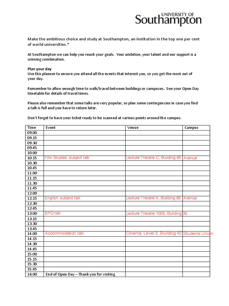 Southampton Open Day Event Planner | PDF | Art