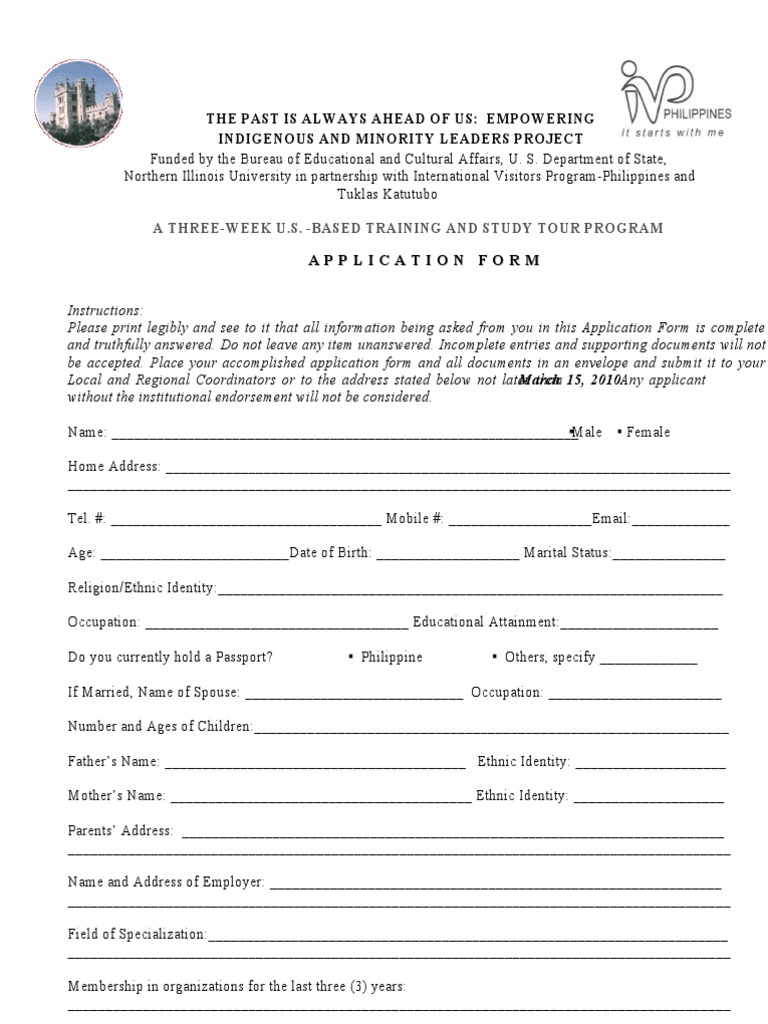 APPLICATION FORM To Attend A THREE-WEEK U.S. - BASED TRAINING AND STUDY ...