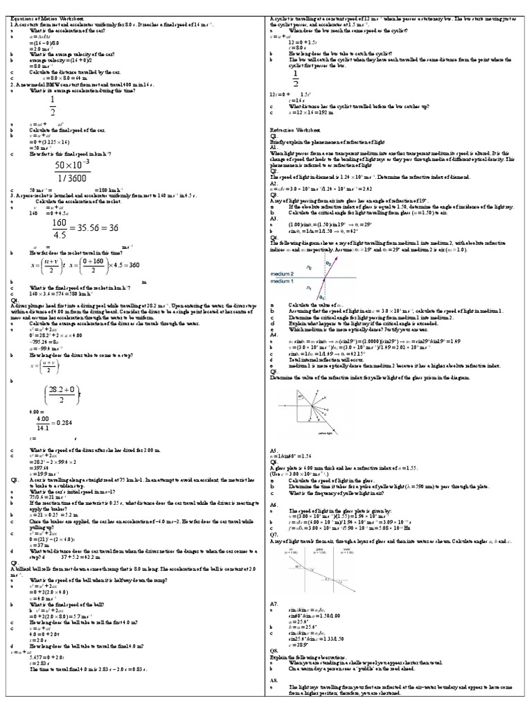 Equations of Motion and Refraction Worksheet | PDF | Refraction ...