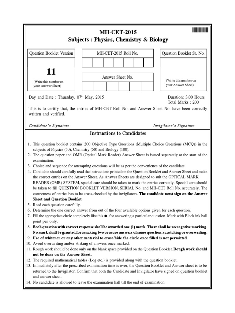 MH CET Medical 2015 Sample Paper | PDF | Speed Of Light | Redox