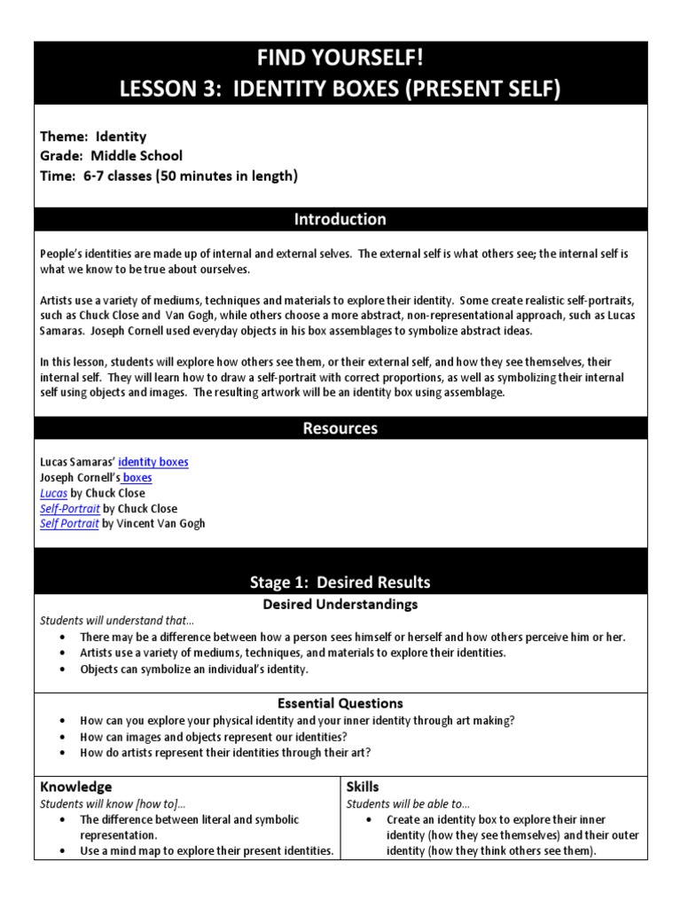 Lesson 3 - Identity Boxes | PDF | Self | Representation (Arts)