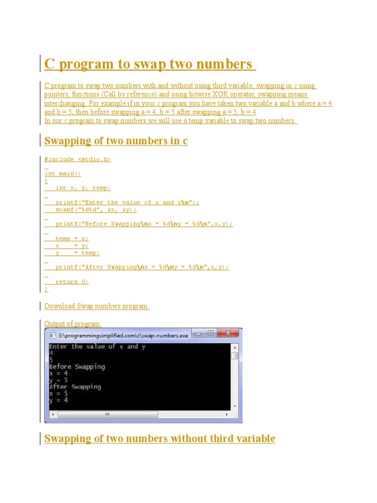C Program To Swap Two Numbers Pdf String Computer Science Array 