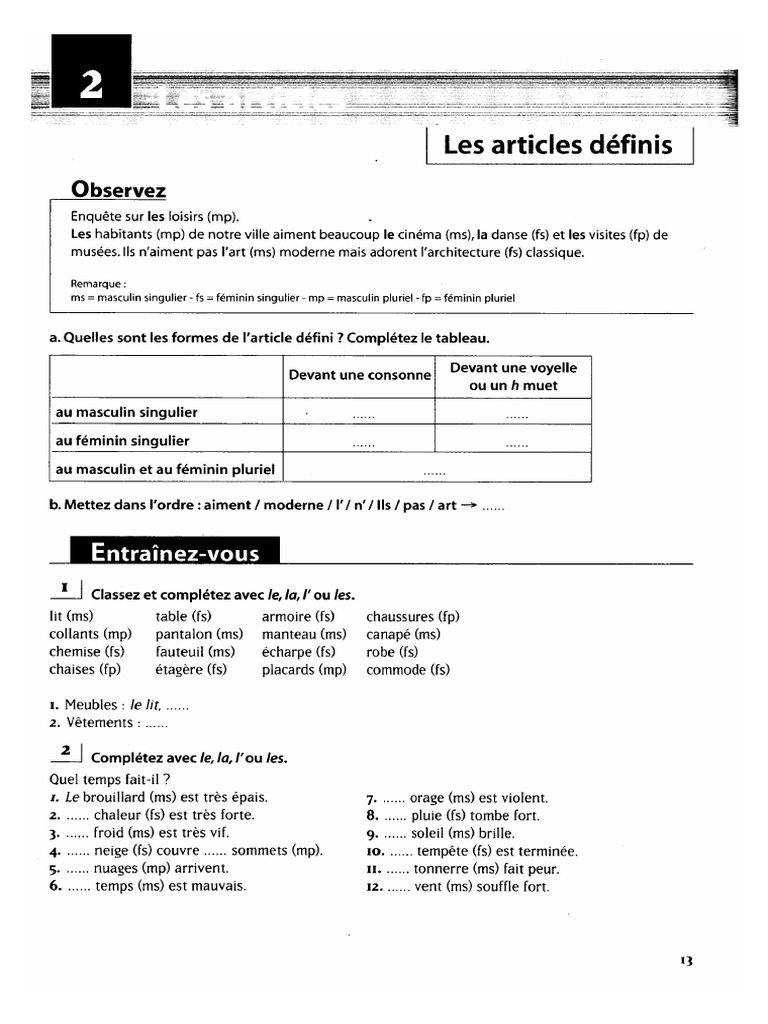 Cap 2 Articles FLE A1 | PDF