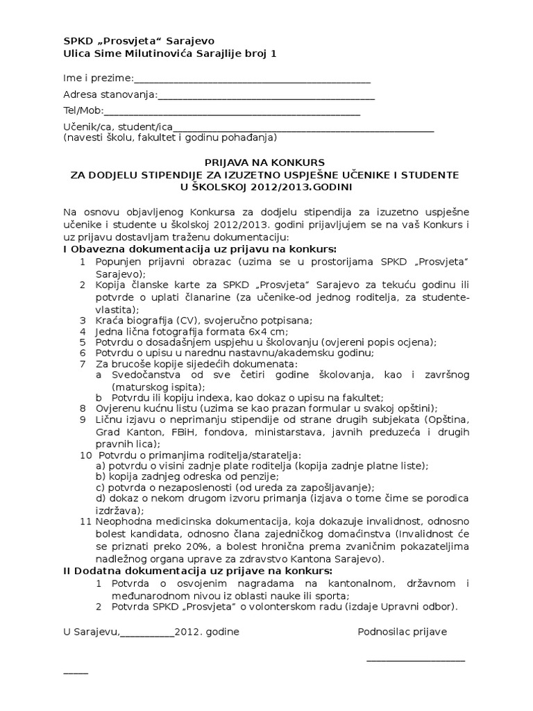 Formular Prijava Na Konkurs | PDF