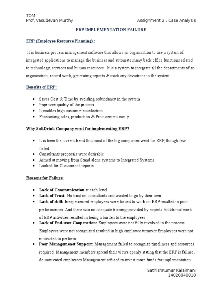 Case Study ERP Implementation Failure - SathishKumar Kalaimani | PDF ...