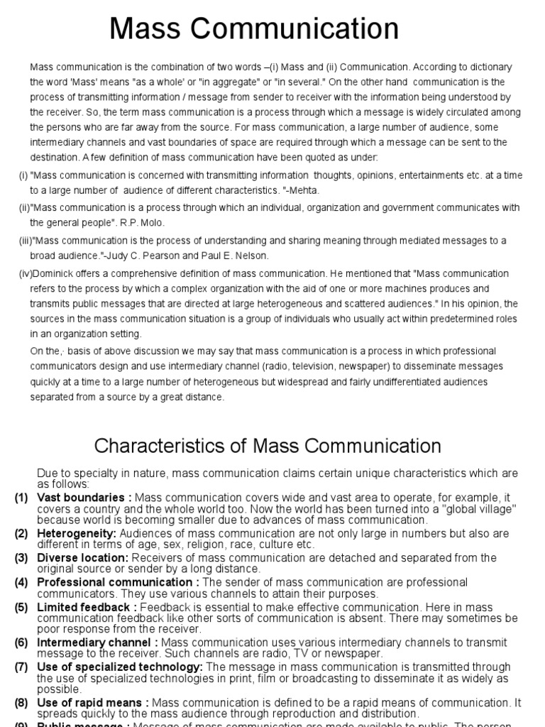 Definitions and Importance of Mass Communication | PDF | Mass Media ...