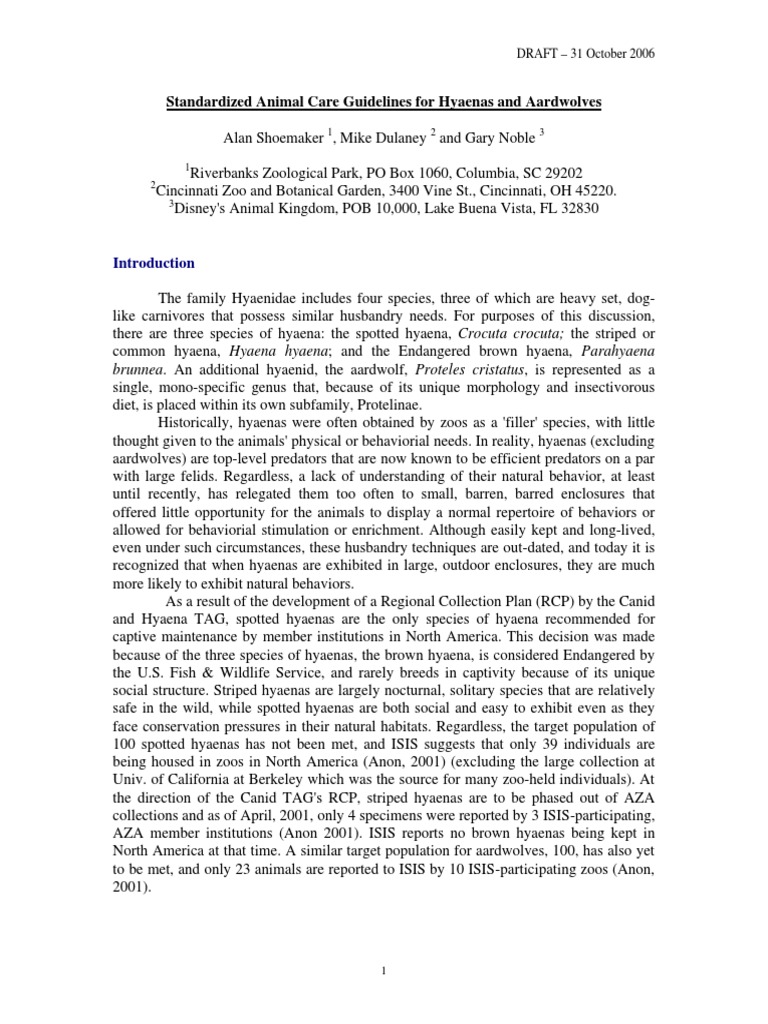 AZA-guidelines For Captive Care of Hyaenas-2006draft | PDF | Nutrition ...
