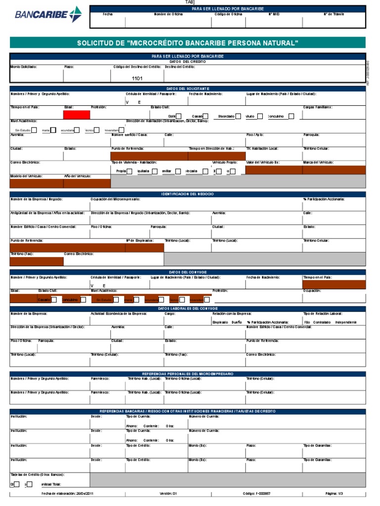 Planilla de Solicitud Del Microcrédito BanCaribe | PDF | Tarjeta de ...