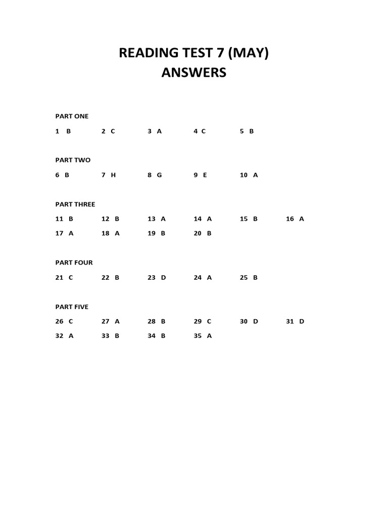 Reading Test 7 (May) Answers | PDF