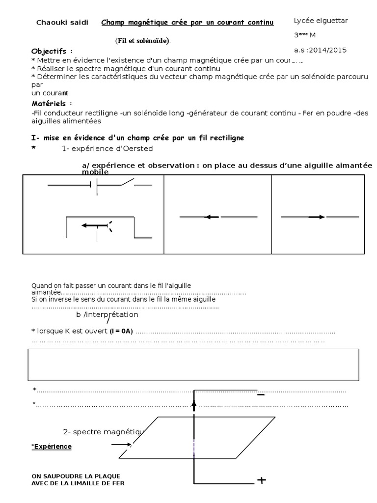 Cours - Physique Champ Magnetique Creé Par Un Courant Continu - 3ème ...